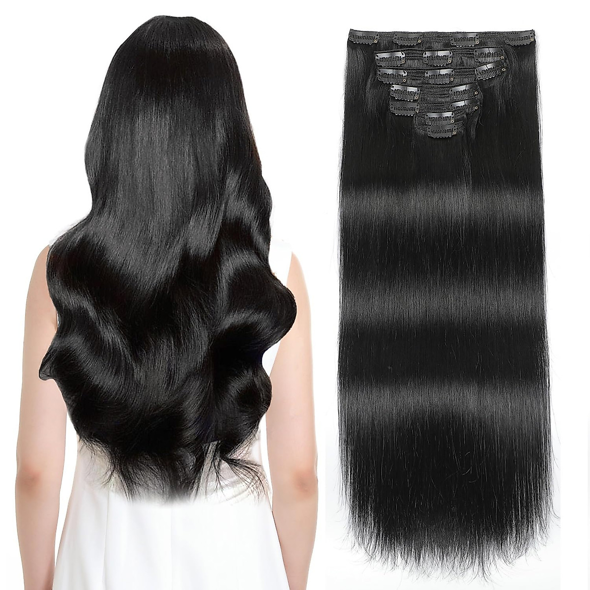 Sisily Clip in Hair Extensions Real Human Hair, 140g 7pcs Human Hair Clip in Hair Extensions Jet Black, Hair Extensions Real Human Hair Clip ins 16 Inch Straight Double Weft