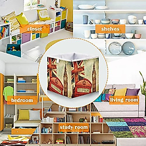 ALAZA Collapsible Storage Cubes Organizer,London Red Phone Booth Big Ben and The Union Jack Flag Storage Containers Closet Shelf Organizer with Handles for Home Office