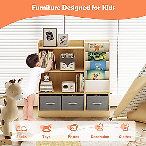 Kid Sling Bookshelf with 3 Storage Bin Drawers Baby Nursery Book Shelf Wood Book Display Shelf Toddler Toy Box Organizer Child Bookcase Montessori Book Rack Cabinet Boy Girl Kid Room Playroom Bedroom