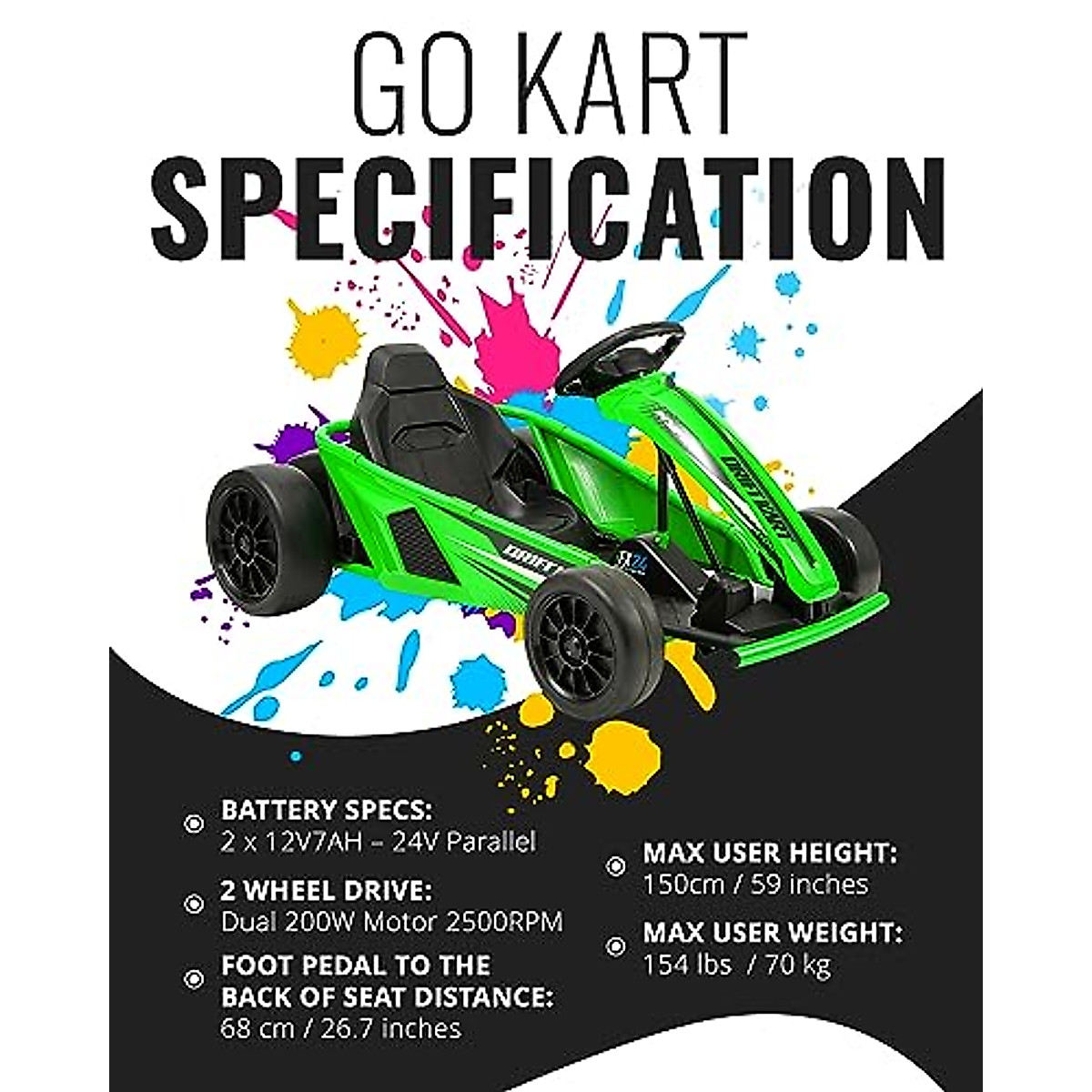 Hyper 24V Ride-On Electric Go Kart for Kids 8-14 Years, 3-Speed Setting with Drift Kart Mode, Foot Accelerated Pedal, Up to 9MPH Speed, 154 Lbs Max Weight, Ergonomic Seat & Sturdy Steel Frame, Green