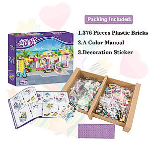 BRICK STORY Girls Friends Supermarket Building Set 376 PCS, Seaside Grocery Store Flower Shop Building Kit, Beach Shopping Mall Toy Educational Building Blocks Gift for Kids Ages 6-12