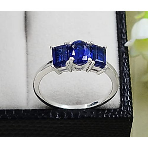 Gemstone 925 Sterling Silver Natural 7X5 MM Blue Kyanite Oval Cut January Birthstone Cluster Unisex Ring For Wedding Gift (Rhodium Plated Silver, 8.5)