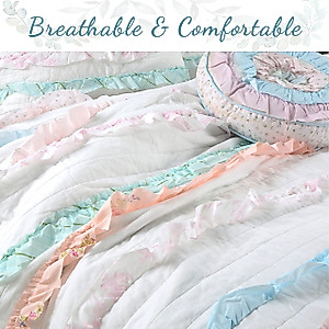 Cozy Line Home Fashions Light Pink Blue Coral White Ruffle 100% Cotton Reversible Girl Quilt Bedding Set, Reversible Coverlet Bedspread (Shabby Chic, Queen - 3 Piece)