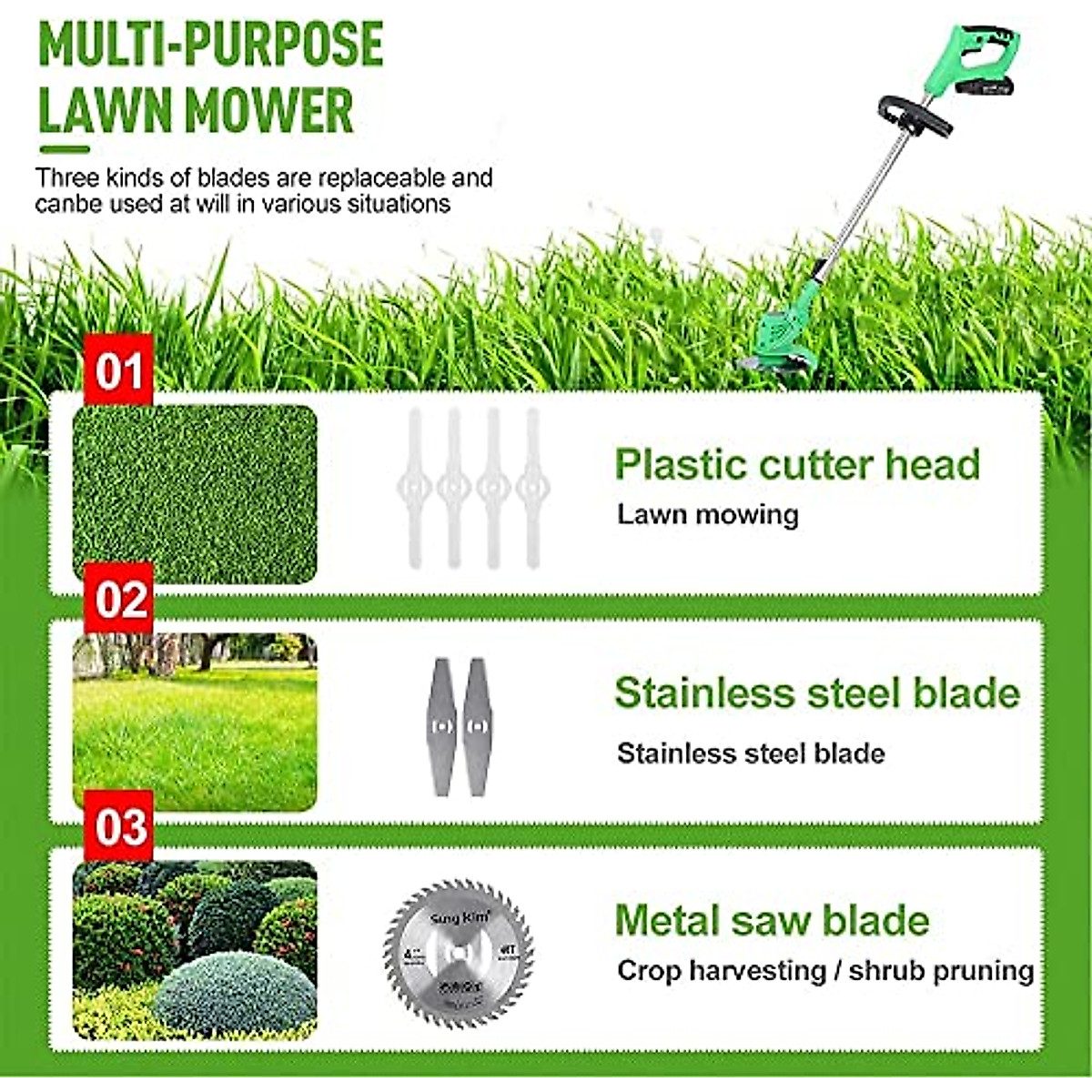 Lawn Mower Electric Lawn Mower 24 V Corded Brush Cutter to Remove Weeds from Trees and Flower beds Grass Cutting Machine for Agricultural Land Lawn Edging Tool (2 Batteries and 1 Charger GINOLEI