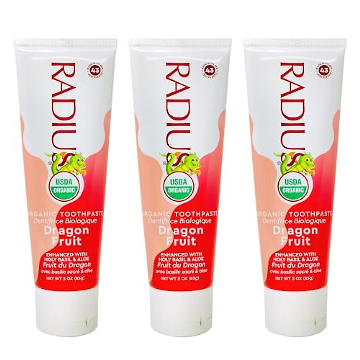 RADIUS USDA Organic Kids Toothpaste 3oz Non Toxic Chemical-Free Gluten-Free Designed to Improve Gum Health for Children's 6 Months and Up - Dragon Fruit - Pack of 3