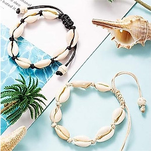 4 Pack Adjustable Shell Bracelets Anklets Set Natural Cowrie Shell Beads Puka Seashells Ankle Jewelry for Men Women Valentine's Day Gifts