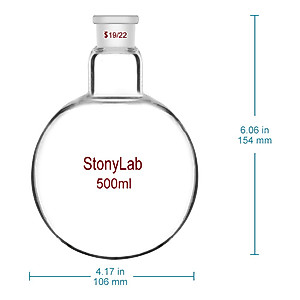 StonyLab Glass 500mL Heavy Wall Single Neck 1 Neck Round Bottom Flask RBF, with 19/22 Standard Taper Outer Joint - 500mL