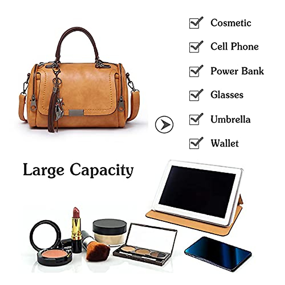 PORRASSO Retro Handbag Women Crossbody Bag Ladies Shoulder Bag Waterproof PU Leather Top-Handle Bag Work Travel Dating Boston Bag Light Brown