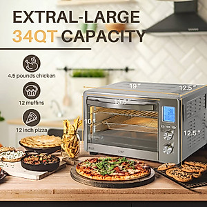 Air Fryer Oven, 34QT Extra Large 1750W Toaster Oven Air Fryer Combo, 12” Pizza Convection Oven Countertop, 12-in-1 Large Rotisserie Oven with 4 Accessories, Stainless Steel, Silver