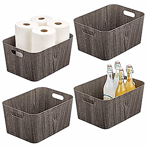 mDesign Wood Print Food Bin Box with Handles - Rustic Basket for Kitchen and Pantry Vegetable and Potato Storage - Perfect for Garlic, Onions, Fruit, and More - 16" Long - 4 Pack - Black