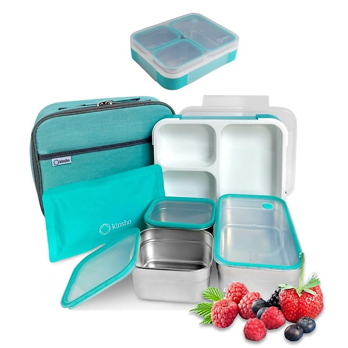 Stainless Steel Bento Lunch Box for Adults Kids with Insulated Bag and Ice Pack, Set of 3 Large Leakproof Meal Prep Food Containers for Men or Women, Lunch-Boxes for Work or School, 42 oz Teal Blue