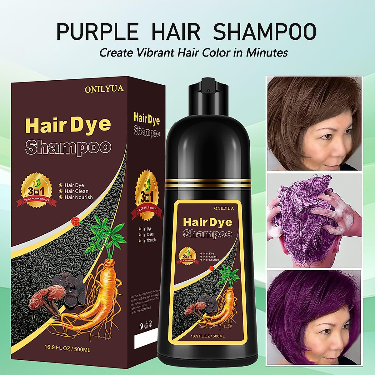 Instant Long-Lasting Purple Color Shampoo for Women and Men - Herbal 3-in-1 Hair Dye, 16.90 Fl Oz (Purple)