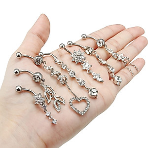 Vsnnsns Belly Button Rings, 7Pcs 14G Stainless Steel CZ Opal Long Dangle Piercing Jewelry for Women Men, Silver