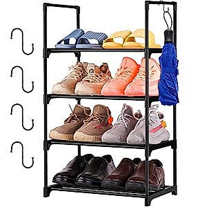 NiHome 4-Tier Shoe Rack, Shoe Racks Storage Organizer Closet with Hooks, Metal Cabinet Stackable Shoe Rack Tower, Space Saving Organizer Shoe Shelf Durable Holds 8 Pairs (Black)