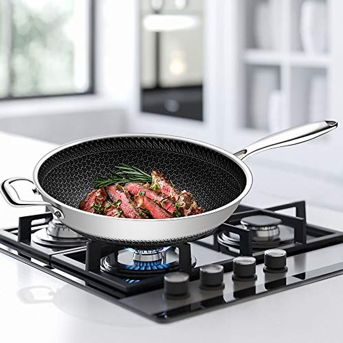MICHELANGELO Wok Pan with Lid, 12.5 Inch Stainless Steel Wok with Lid, Woks & Stir-fry Pans with Honeycomb Coating, Nonstick Wok Flat Bottom, Induction Wok Pan