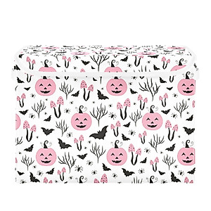 JUNZAN Pink Pumpkin Halloween Storage Bin With Lid Stackable Organization Bins Large Fabric Storage for Home Studyroom Dormroom Storage
