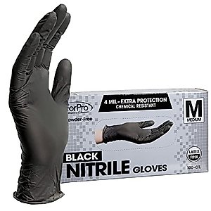 ForPro Disposable Nitrile Gloves, Chemical Resistant, Powder-Free, Latex-Free, Non-Sterile, Food Safe, 4 Mil, Black, Medium, 100-Count