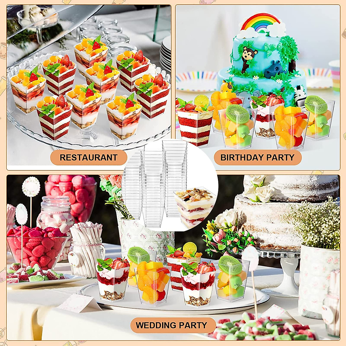 WAIZHIUA 50Pcs Plastic Dessert Cups, 5.4OZ Mini Square Dessert Cups Clear Parfait Appetizer Cup Reusable Multiuse for Desserts Pudding Mousse Christmas Party Supplies(with 50Pcs Spoons)