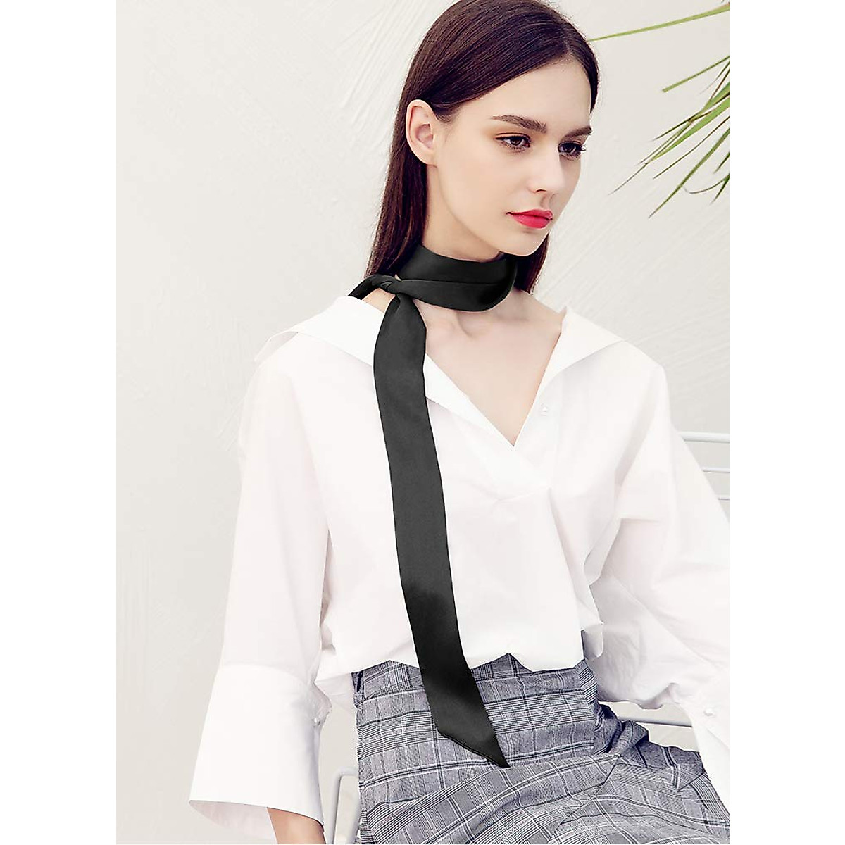 SilRiver Women's 100% Silk Skinny Scarf, Necktie, Sash Tie,Headdress, Fashion Accessories (2.4x70 inches, Black)