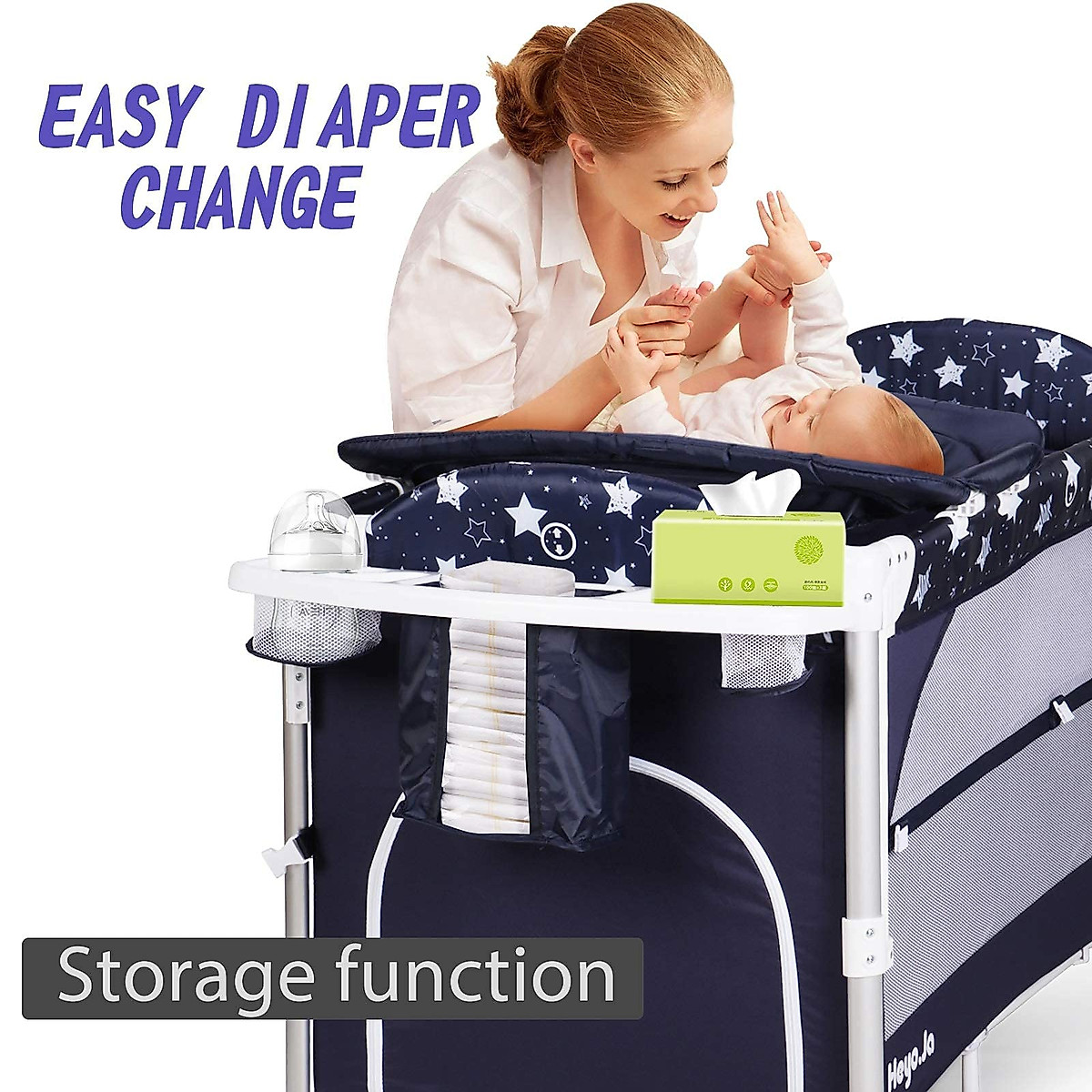 Heyo.Ja Baby Bassinet Bedside Crib, Portable Playard 4 in 1 Convertible Pack and Play with Mattress, Foldable Travel Crib for Girls Boys Infant Newborn (Navy)