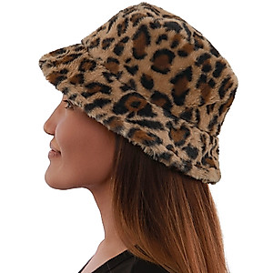 Fuzzy Bucket Hat Women Leopard Print Men Plush Soft Winter Warm Fluffy Fisherman Caps Adjustable (Brown Leopard)