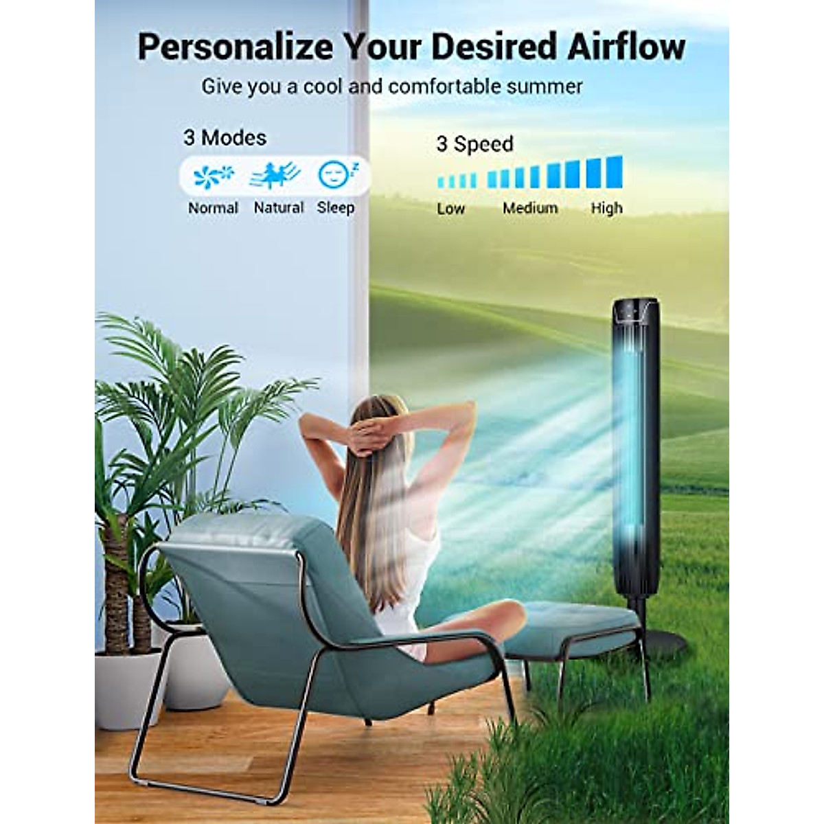 KopBeau Tower Fan for Bedroom, 42 Inch Oscillating Cooling Fans with Remote, Quiet Bladeless Floor Powerful Fan, 3 Modes, Buit-in 7Hrs Timer and LED Display, Standing Fans for Home Office, Black