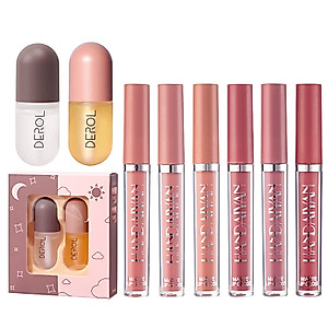 DEROL Lip Plumper Set,Natural Lip Plumper and Lip Care Serum,Lip Enhancer for Fuller,6Pcs Matte Liquid Lipstick Makeup Set, Matte liquid Long-Lasting Wear Non-Stick Cup Not Fade Waterproof Lip Gloss