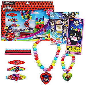 Miraculous Ladybug Dress Up Accessories Set - Bundle with 15 Pieces Including Necklaces, Bracelets and More Plus Mini Coloring Book, Stickers and Door Hanger (Toddler Accessories for Girls)