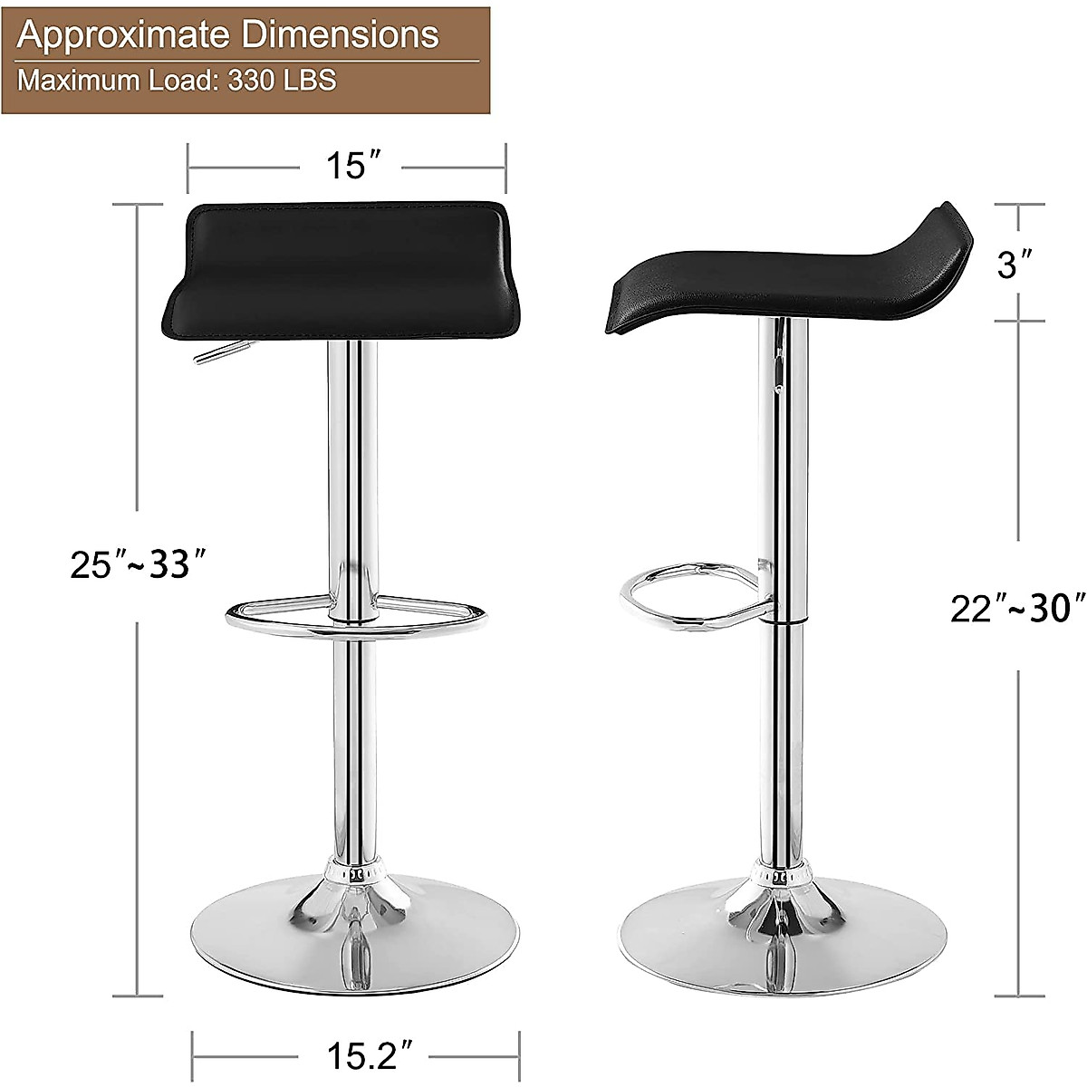 VECELO Bar Stools Set of 2, Swivel Bar Chairs, Adjustable Counter Bar Stools, Stools for Kitchen/Island/Bar/Dining Room/Party, Dark Black