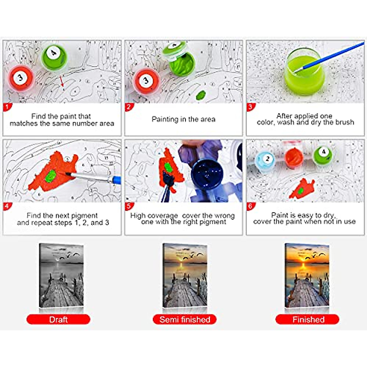 DIY Painting by Numbers for Adults, Bridge at Sunset Paint by Number, Sea Adult Paint by Numbers Kits on Canvas, Seabird Paint by Numbers for Beginner and Kids Flameless (16X20 Inch)