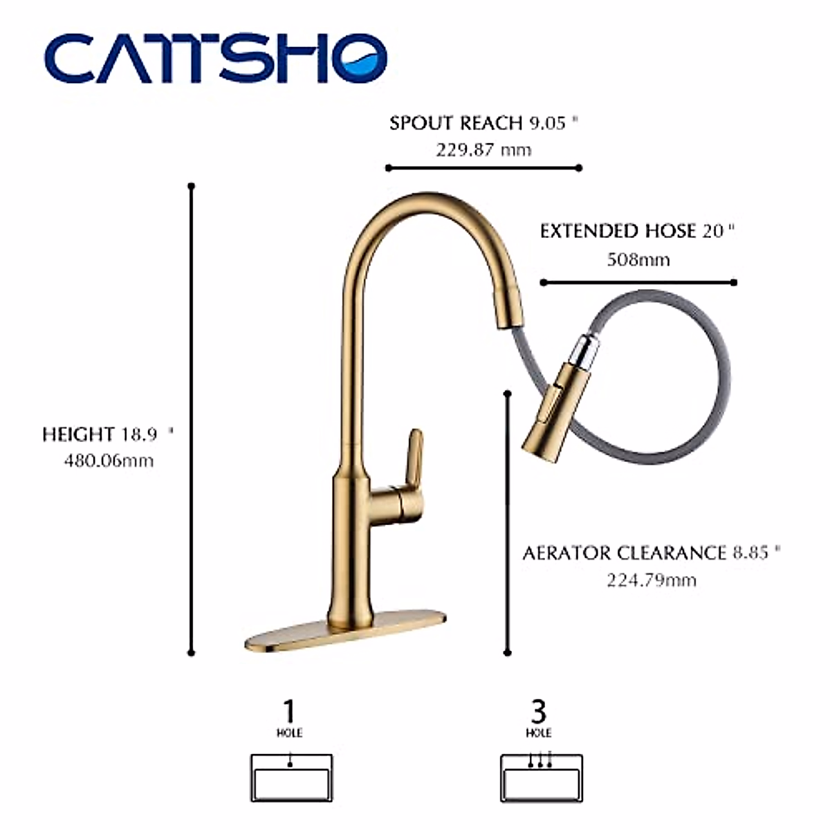 CATTSHO Kitchen Faucet with Pull Down Sprayer, Brass Kitchen Sink Faucet Gold Single Handle High Arc Commercial Spot Resist