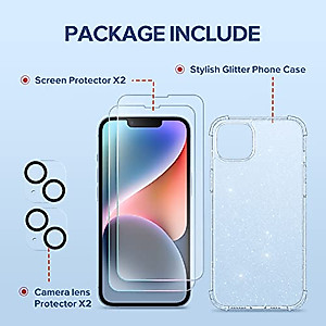 BERFY [5 in 1 for iPhone 14 Plus Case Clear Glitter, with 2X Screen Protector + 2X Camera Lens Protector [Non-Yellowing] Sparkle Bling Hard Shockproof Phone Case for Women Girls 6.7", Shiny Clear