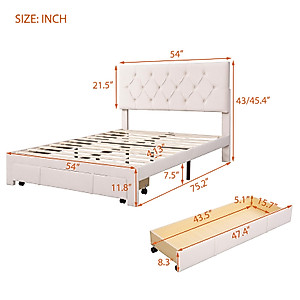 Altillo Full Size Velvet Upholstered Platform Bed Frames with Large Storage Drawer, Mid-Century Modern Platform Bed with Solid Wood Slat Support for Bedroom Boys Girls, Under Bed Storage, Beige
