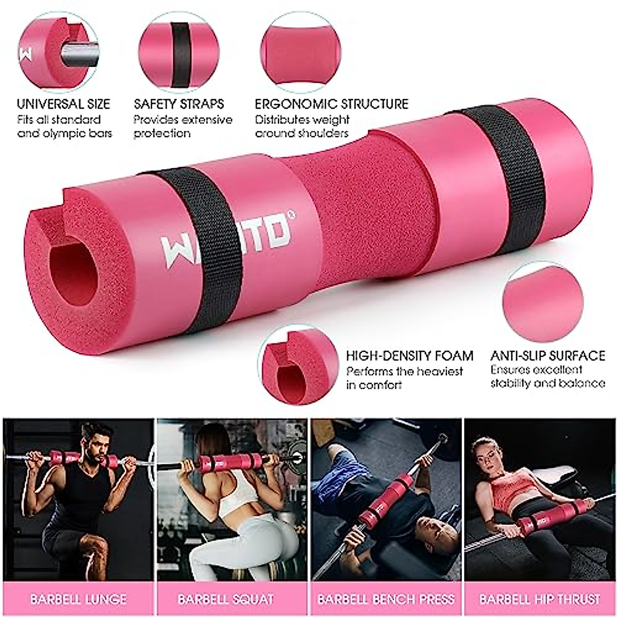 WALITO 10Pcs Barbell Pad Set for Hip Thrust - Squat Pad for Barbell Lunges, Bench Press, with 2 Gym Ankle Straps, 3 Resistance Bands for Working Out, 2 Lifting Strap, Workout Poster, Carry Bag