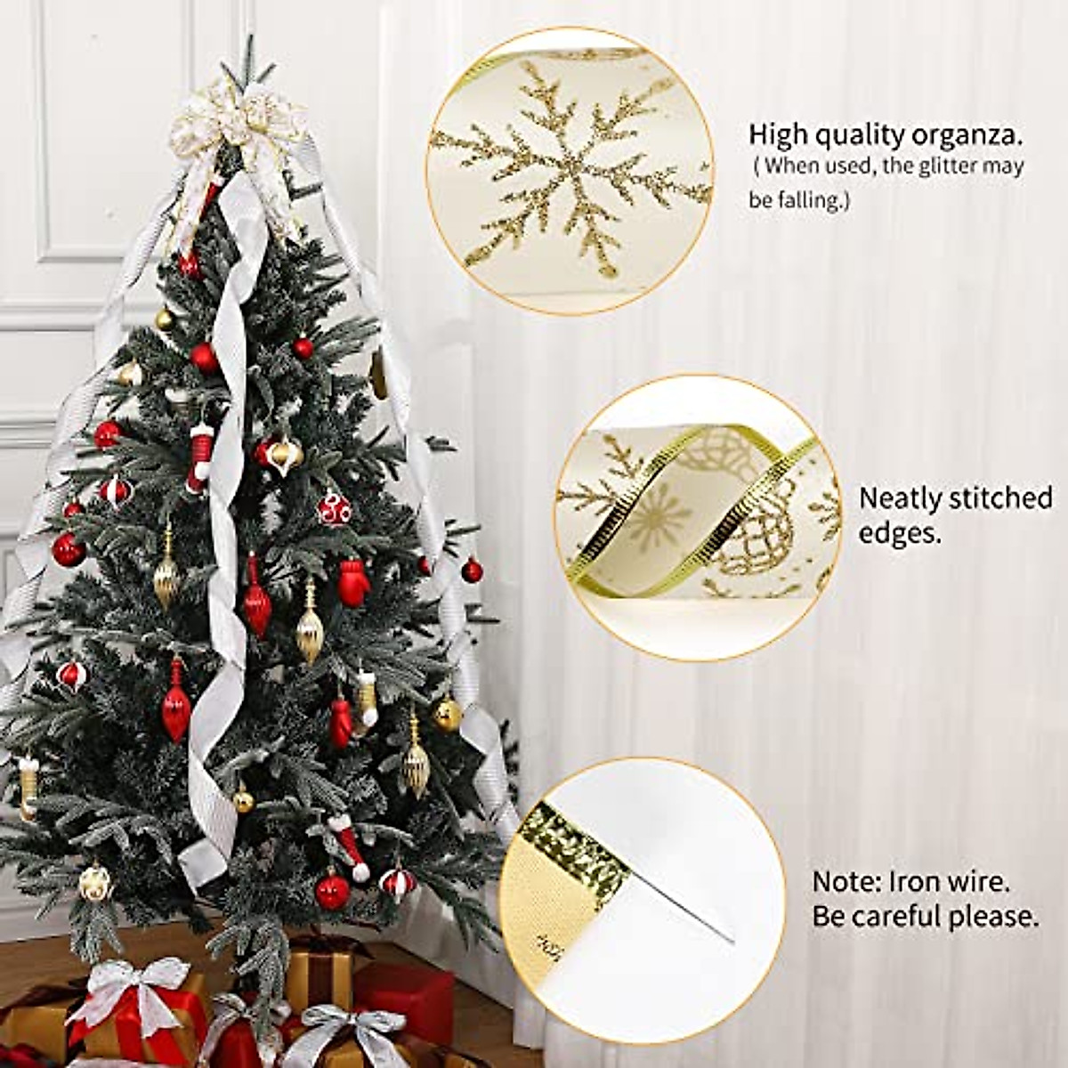 FairyLee 6 Rolls Christmas Wired Ribbon, Assorted Glitter Satin Ribbon White Gold Ribbon for Christmas Tree Bow Gift Wrapping Wreath Bouquet DIY Crafts, 2.5 Inch 6 Yards Each Roll