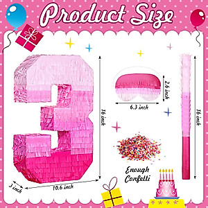 Number piñata Number Birthday piñata Decorations Gradient Pink piñata with Stick Blindfold Confetti for Girls Boys Birthday Anniversary Party Decorations Supplies (Number 3)