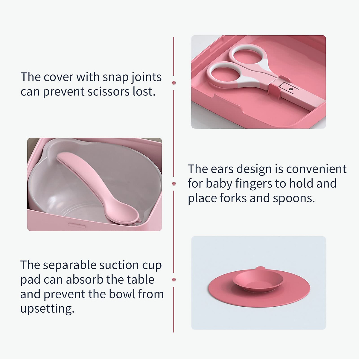 Silicone Suction Bowl For Toddlers Baby Suction Cup Food Container for Snack Oatmeal Outdoor Kids Tableware Auxiliary Scissors And Spoon And Fork 5 Piece (Blue) (Pink)