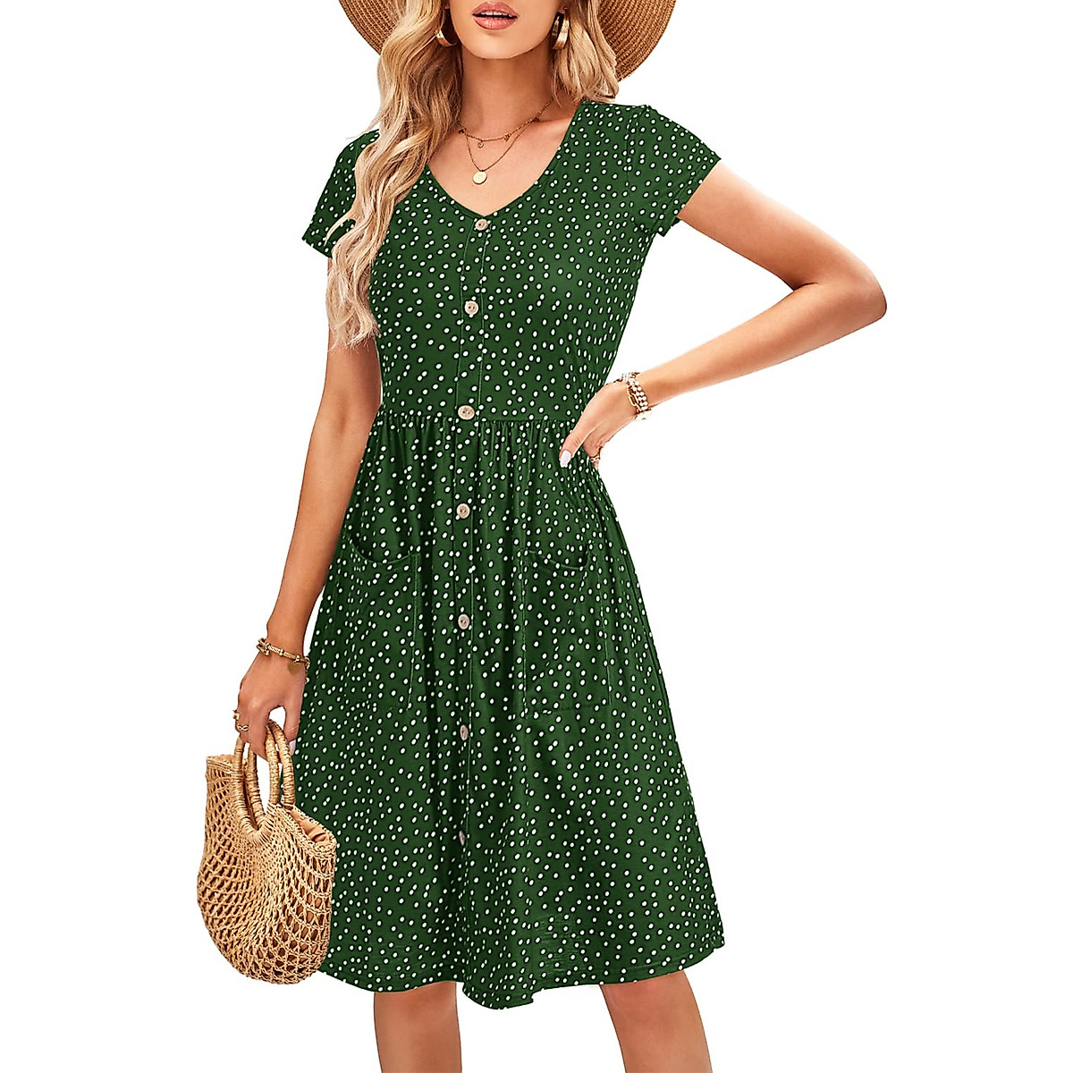 OUGES Casual Summer Short Sleeve Button Up Dress for Women 2025 Polka Dot Midi V Neck Skater Dress with Pockets(Green Polka Dot2,M)