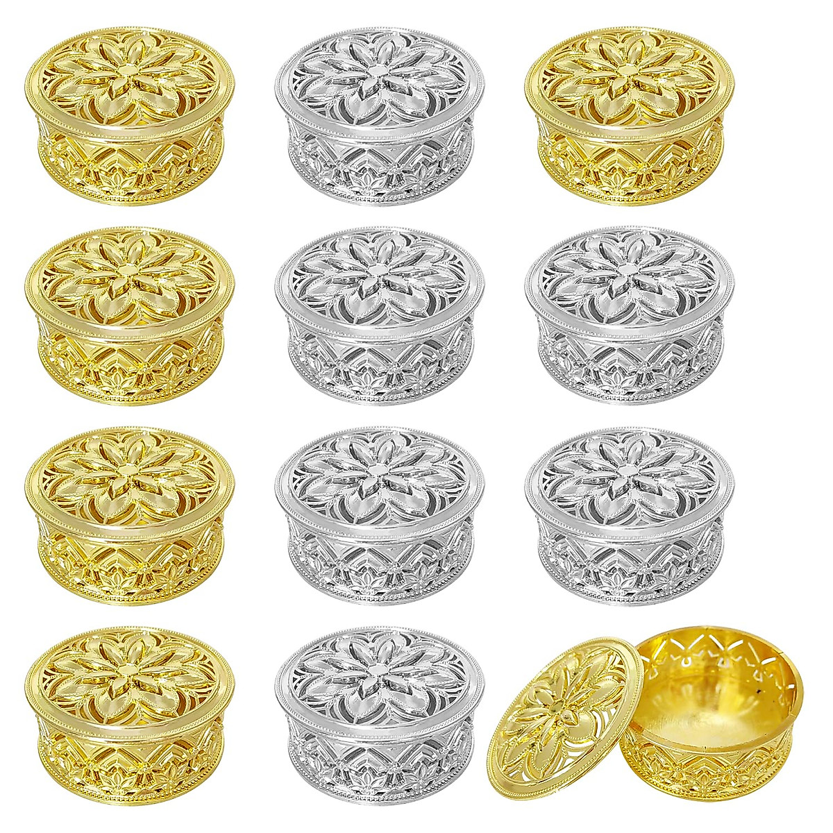Kukiwhy 12 PCS Gold Silver Round Candy Boxes,Wedding Favor Boxes Candy Hollow Jars Candy Storage Boxes Gift Boxes for Wedding Baby Shower Christmas Birthday Party