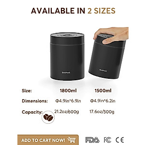 OUTPEAK Neo 2025 Kilo Auto Vacuum Coffee Canister, 1.5L Capacity for 17.6oz of Coffee Beans, One-Button Operation, Stainless Steel Coffee Storage Container for Barista, Gifting (Large, Matte Black)