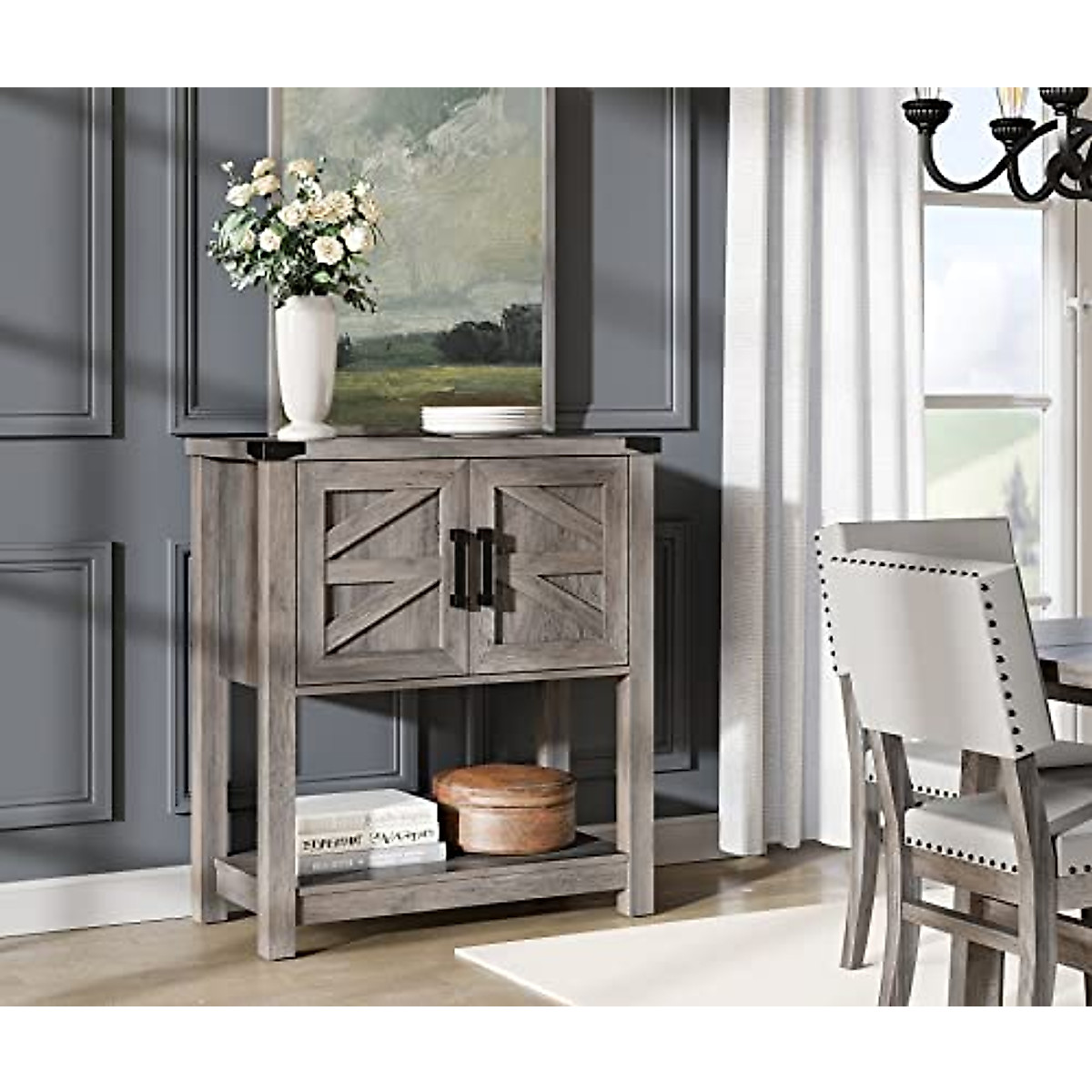 WAMPAT Modern Farmhouse Buffet Cabinet, Wood Sideboard with Cabinet & Open Storage for Living Room, Kitchen, Magnetic Door Catch, 5-Level Adjustable Shelf, Riveted Metal Braket, Wash Grey