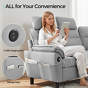 Sectional Sofa Couch, 3 Seat Small Couch with 2 USB Ports and Storage Pockets, Easy to Clean, Modern Small Sofa for Small Spaces, Living Room, Apartment, Gray