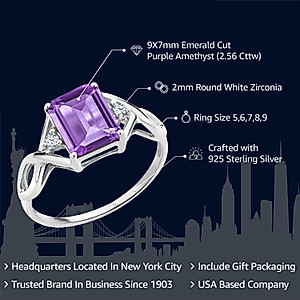 Gem Stone King 925 Sterling Silver Purple Amethyst Ring For Women (2.56 Cttw, Emerald Cut 9X7MM, Gemstone Birthstone, Available in size 5, 6, 7, 8, 9)