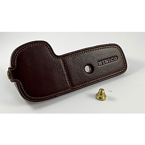 MINICO Bottom Opening Version Protective Genuine Real Leather Half Camera Case Bag Cover with Tripod Design for Olympus Pen-F Camera with Genuine Real Leather Hand Strap Dark Brown