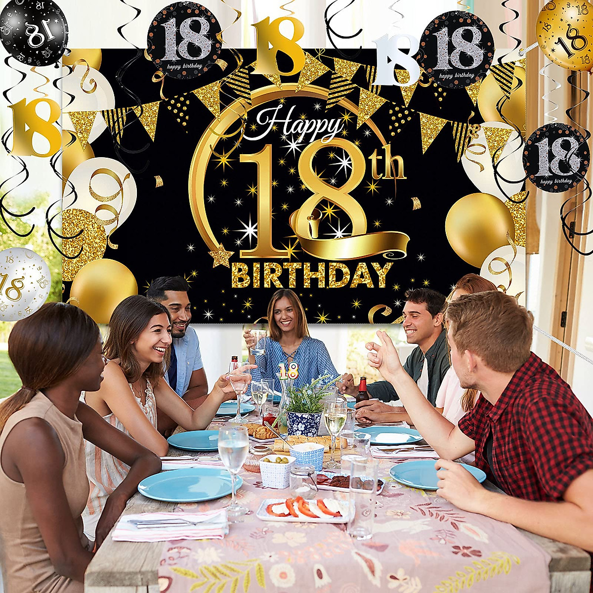 Happy 18th Birthday Party Decorations Kit, Black Gold Glittery Happy 18th Birthday Backdrop Banner Balloon 18th Birthday Hanging Swirls for Men Women 18th Birthday Party Decorations Supplies