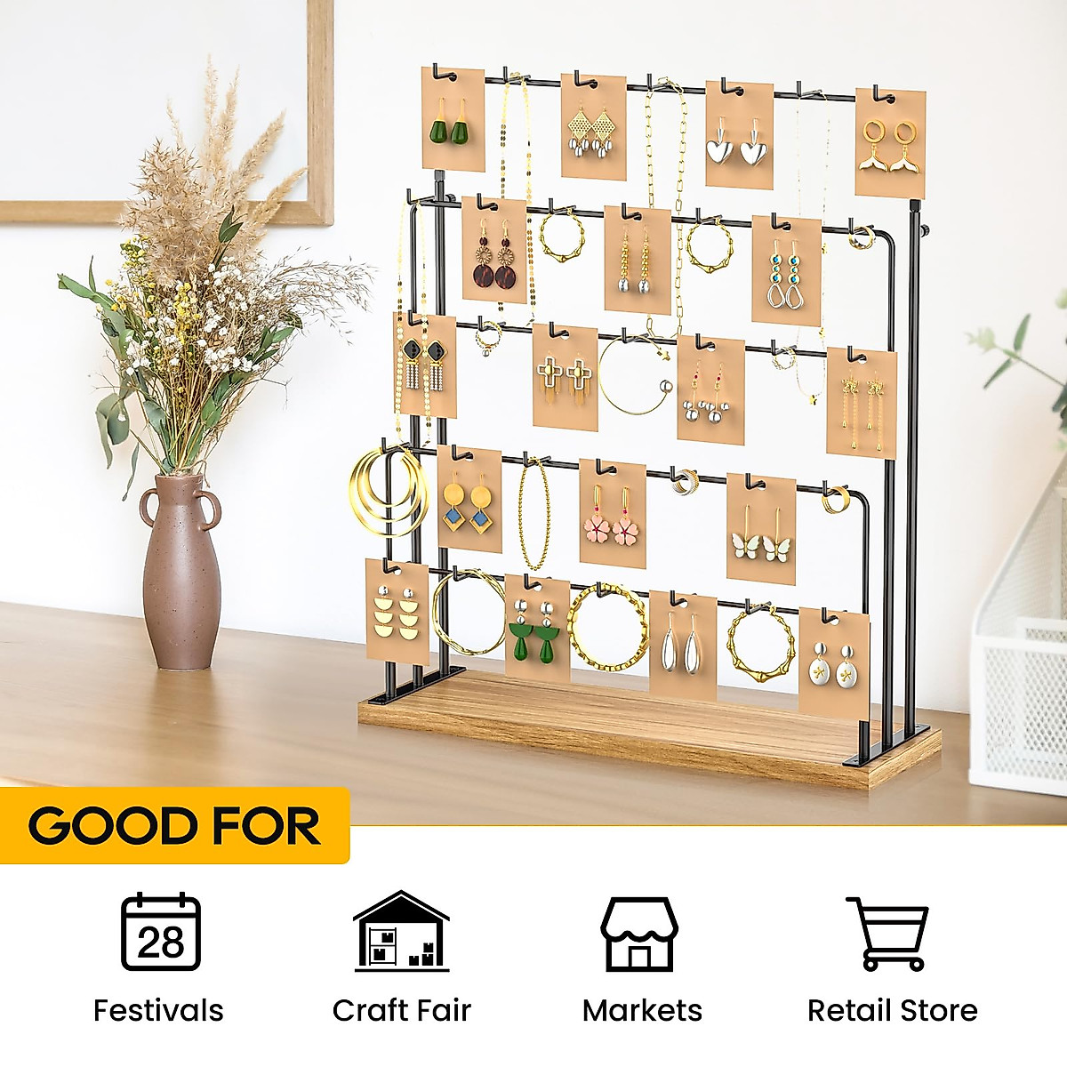 ORLESS Jewelry Display for Vendors, Earring Display Stand for Selling, Necklace Display Stands Earring Cards for Selling Bracelets, Jewelry Towers (35 Hooks)