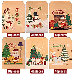 Kolewo4ever 240 Pieces Christmas Kraft Treat Bags Holiday Bags With Xmas Tree Santa Claus, Elk Prints Christmas Goodies Snack Gift Bags Red Green Candy Buffet Paper Bags for Christmas Holiday，6 Styles