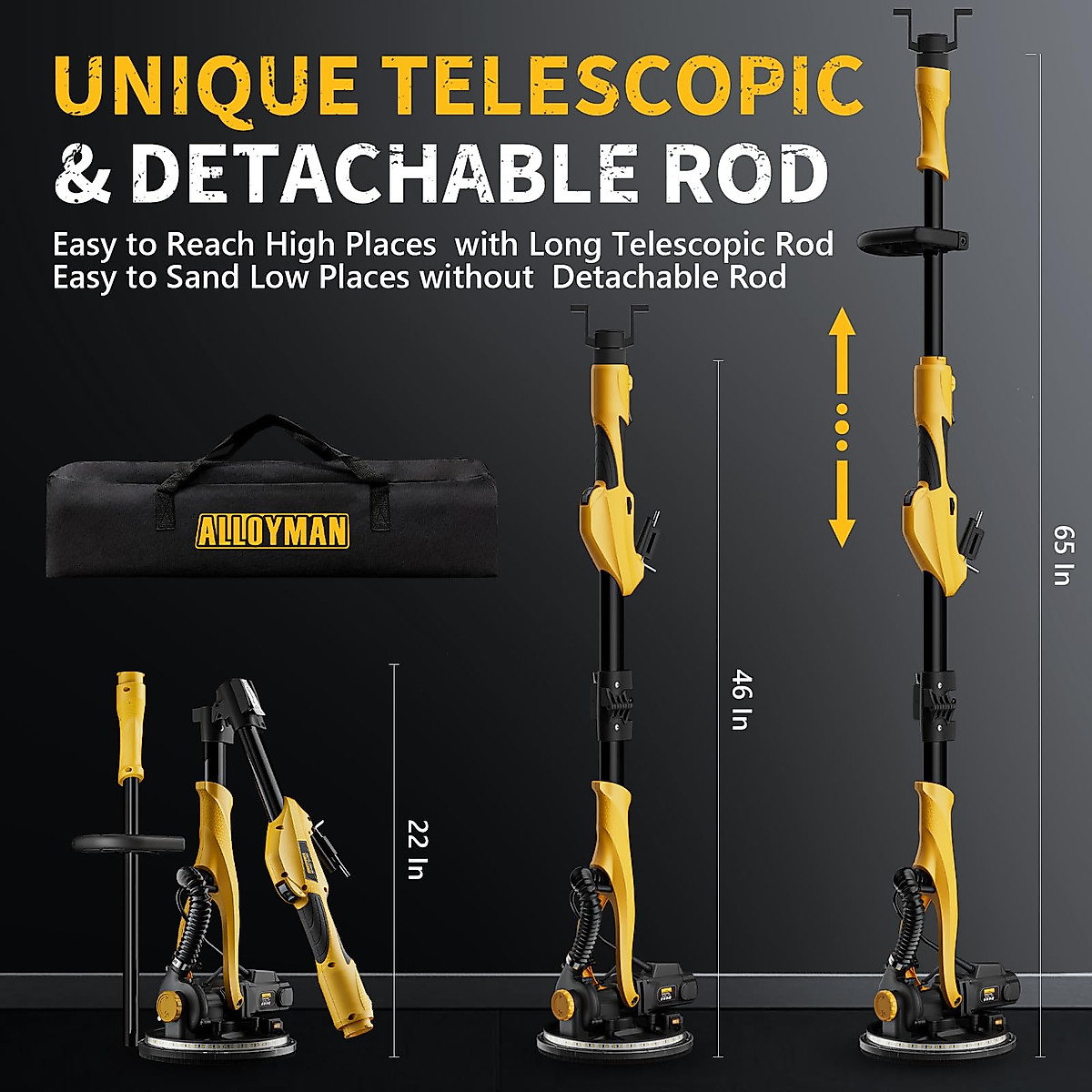 Drywall Sander, 1050W Electric Drywall Sander with Vacuum Dust Collection, 2100RPM Wall Sander with 7 Variable Speed, Foldable & Extendable Handle, Double-Deck LED Light, Dust Bag and Hose