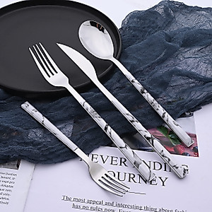 Uniturcky 16-Piece Silverware Set with Dessert Fork, Stainless Steel Flatware Cutlery Set for 4, Mirror Finish Tableware Utensil Set, Marble Texture Handle, Include Knife Fork Spoon(White & Silver)