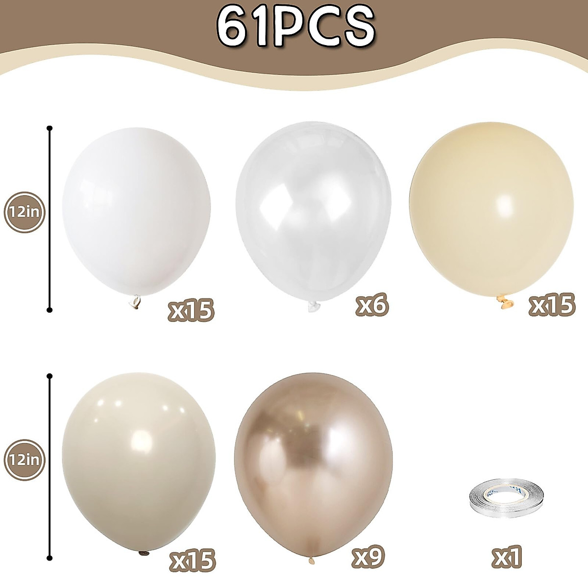 White Gold Balloons 60 Pcs, 12Inch Beige Gold Neutral Party Balloons, Matte White Ivory White Sand and Champagne Gold Latex Nude Balloons with Transparent Balloons for Boho Birthday Party Decorations